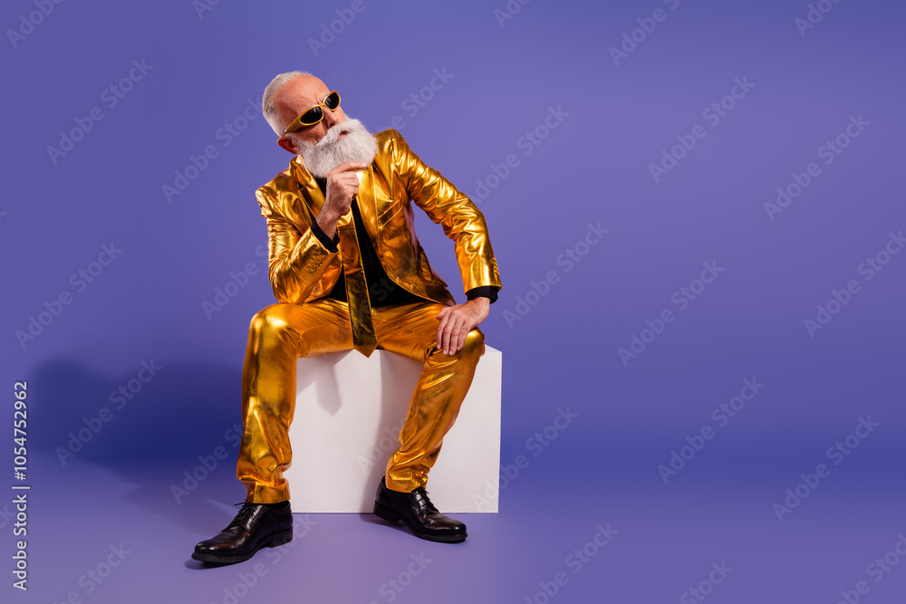 Full size photo of old macho man thoughtful sit white cube dressed ...