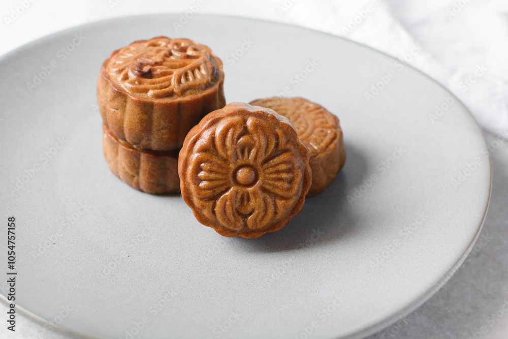 Overhead view of homemade mooncakes, top view of baked mooncakes on ...