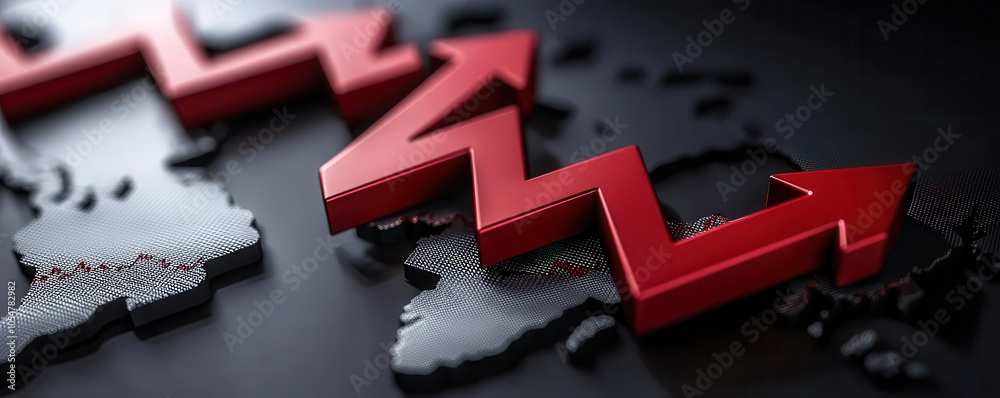 Crashing stock market graph with red arrows, overlaid on a world map ...