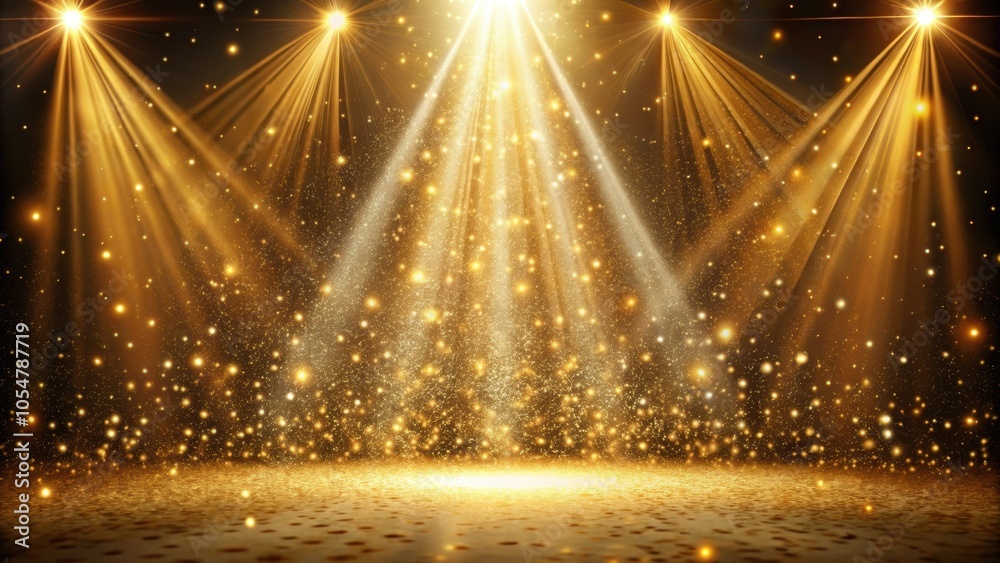 Gold light rays stage with abstract particle glitter for award winning ...