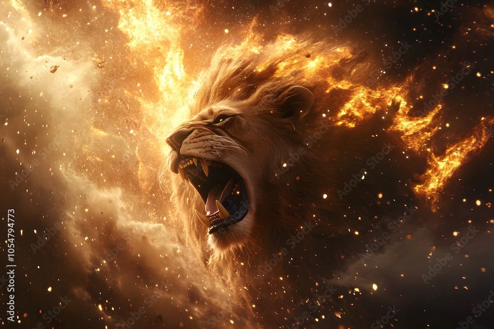 magnificent lion roars with a mane of golden flames, standing in a ...