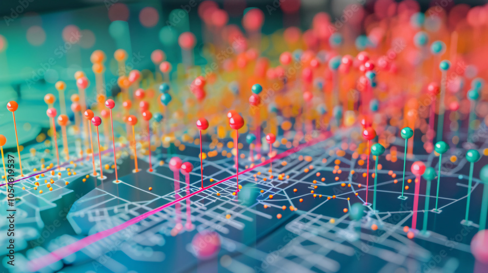 A vibrant 3D representation of data points displayed on a digital map ...
