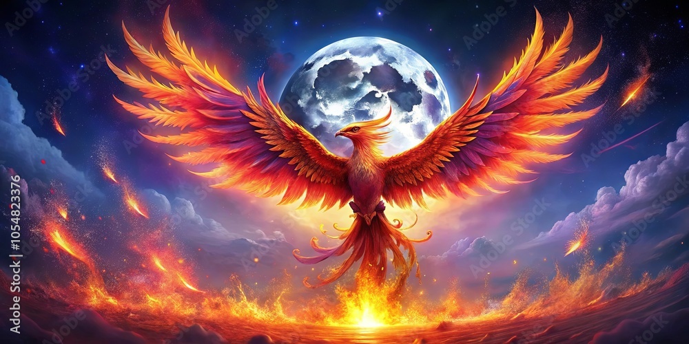A magnificent phoenix soars through the night sky, its fiery wings ...