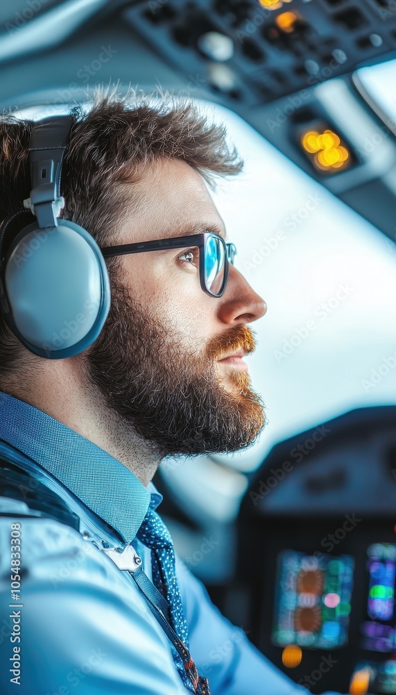 Pilot focusing on flight controls in cockpit, professional attire ...