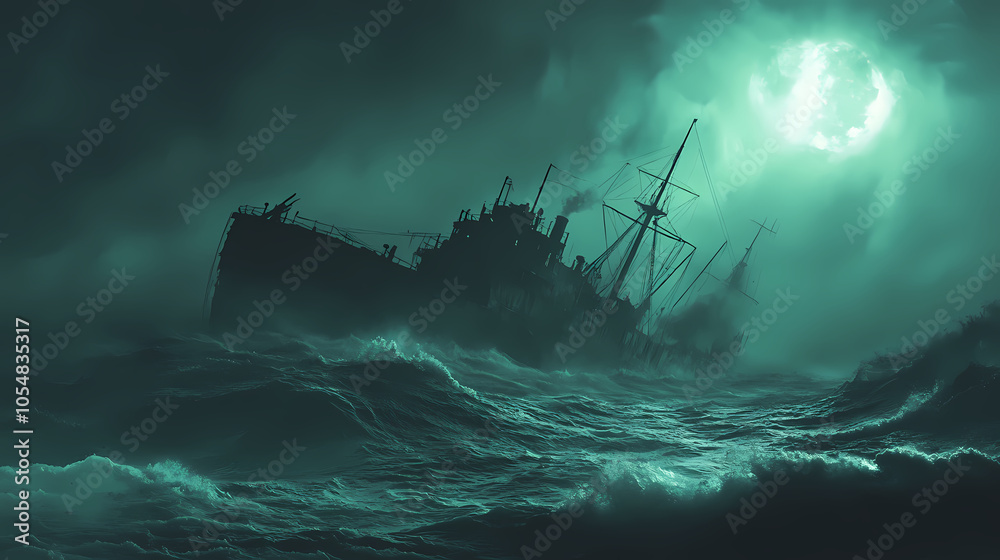 Ghost ship in a stormy sea, eerie and haunting , ghost ship, stormy sea ...