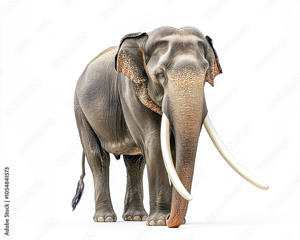 Indian elephant with very long tusks in profile, clean white background ...