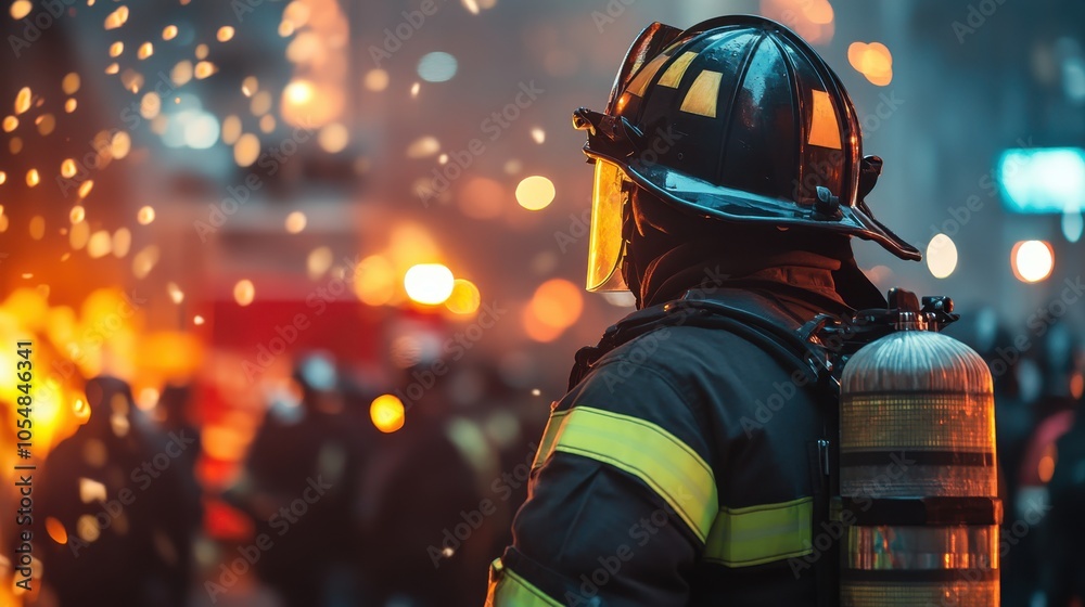 Courageous firefighter facing fire with glowing embers around ...