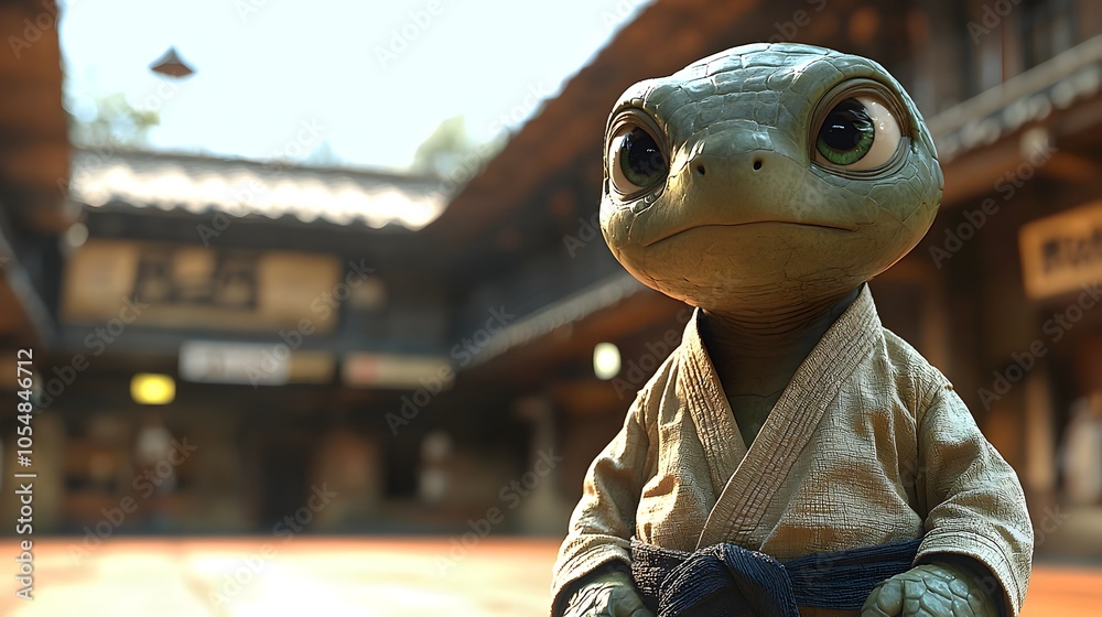 A 3D animated turtle athlete dressed in a judo uniform bowing ...