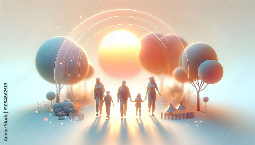 3D Soft Abstract Family Walking Park Sunset Image, Family Unity in ...