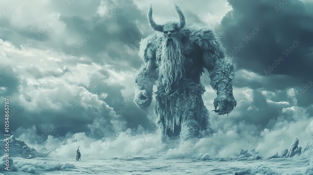 Majestic frost giant of norse mythology rising from frozen terrain with ...