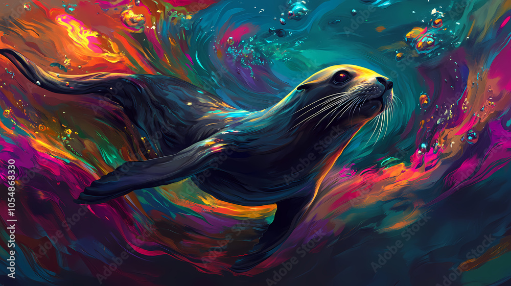 Morphism style sea lion, blending into a vibrant, abstract underwater world with fluid and shape ...