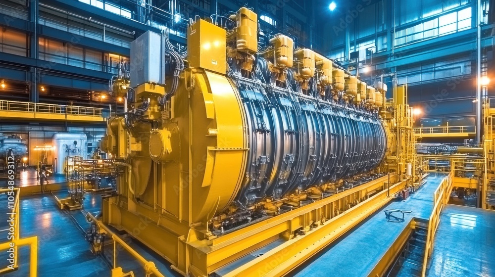 Industrial engine room interior. Industrial power plant main generator ...