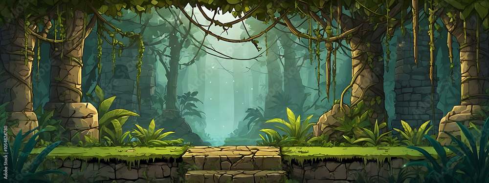 ภาพประกอบสต็อก 2D jungle platform background with layered trees, vines ...