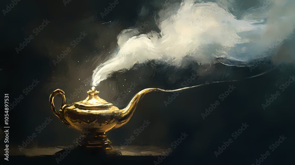 Soft light emanates from a vintage aladdin-style lamp, as swirling ...
