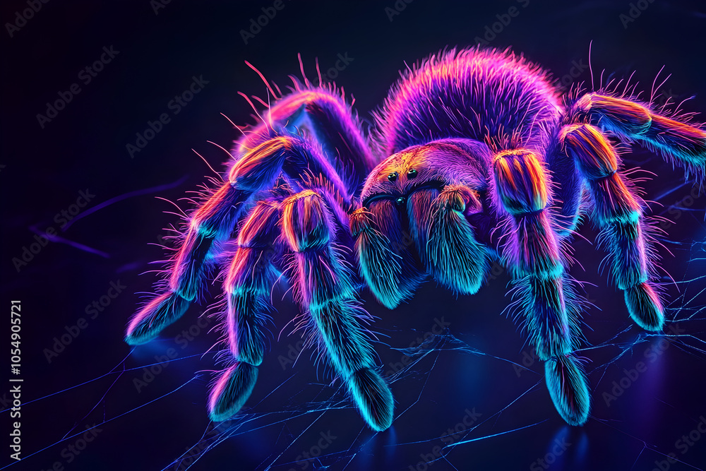 An eerie neon outline of a hairy tarantula moving along a web in a dark ...