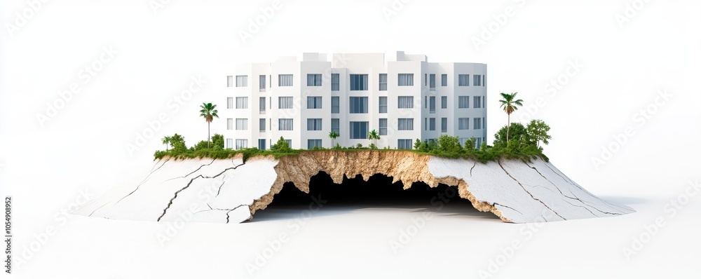 A modern building model with a section of ground eroded away, revealing ...