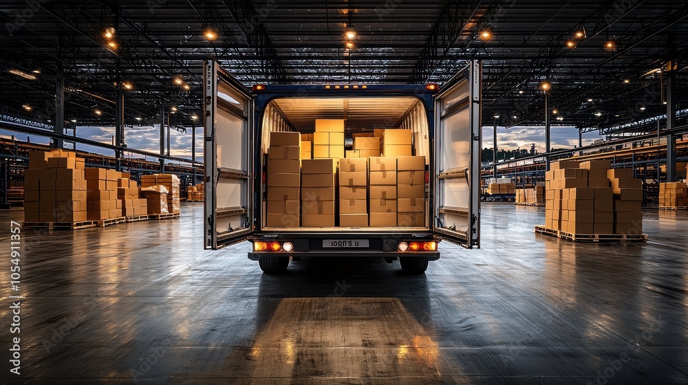 Cargo truck unloading boxes in a busy warehouse at sunset, showcasing ...