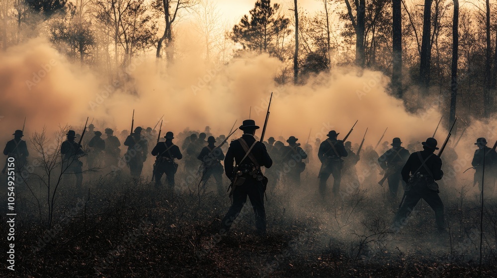 A dramatic Civil War reenactment of the Battle of Shiloh, with soldiers ...