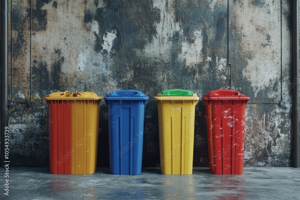 Waste classification for recycling with color coded bins. Stock Photo ...