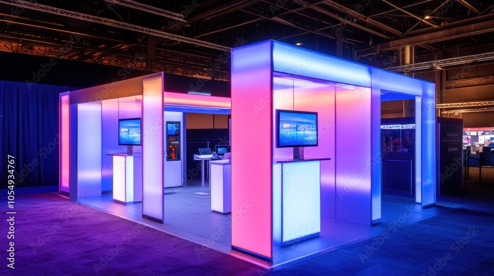 Modular trade show booth with LED lighting, interactive displays, and a ...