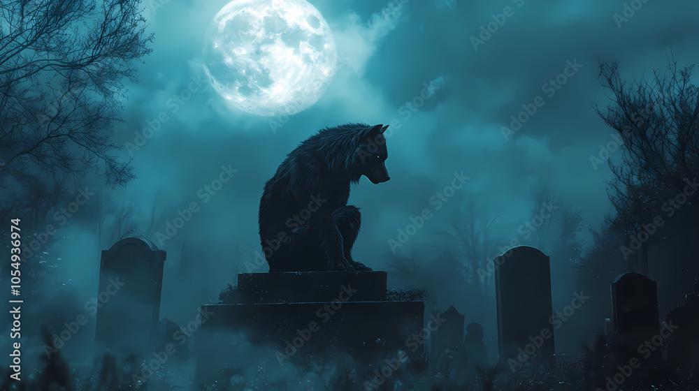 Werewolf s twilight transformation in misty graveyard under cloudy full ...