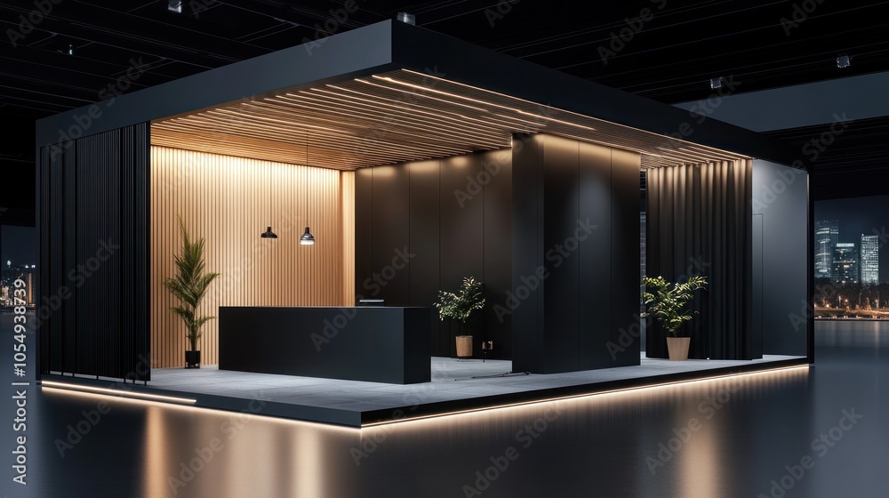 Sleek exhibition booth 3D render with LED lighting, modular sections ...