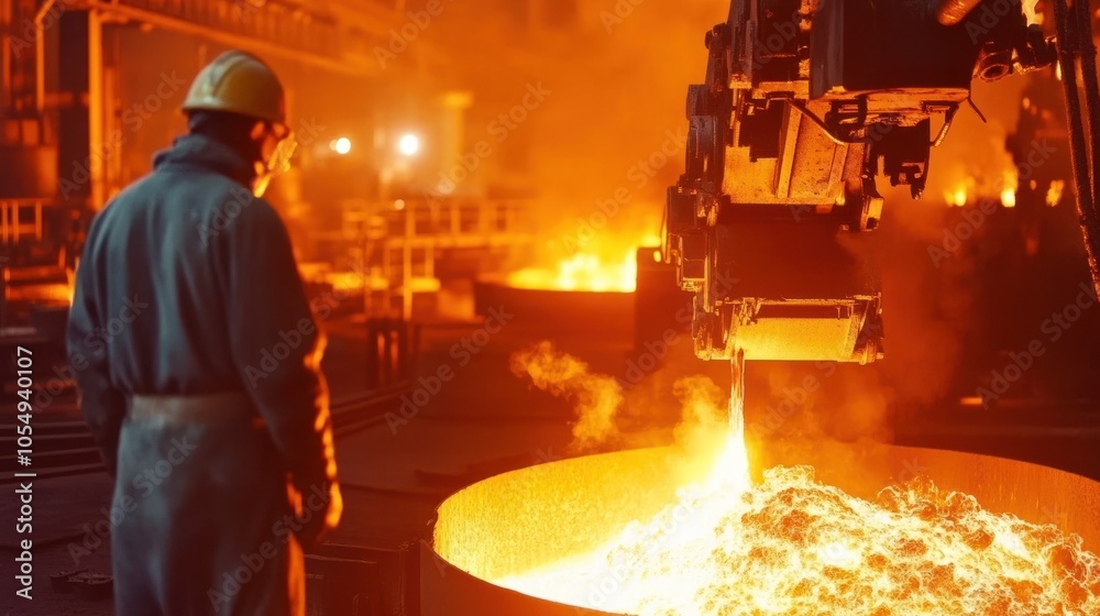 Steel production in a massive industrial plant, with molten metal and ...