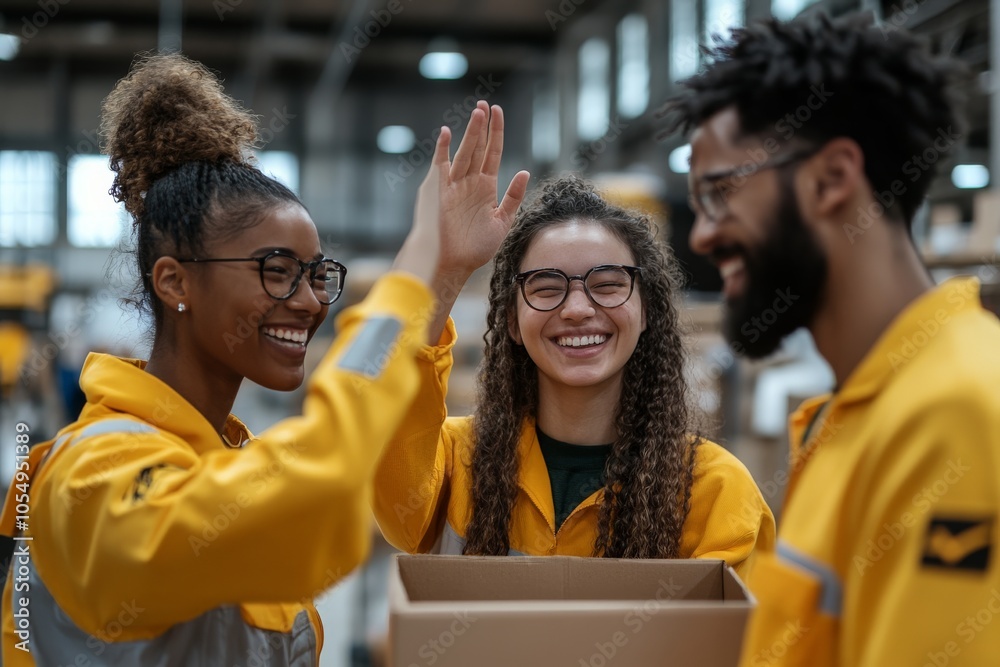 A diverse team of smiling warehouse workers high-five each other while standing by a box ...