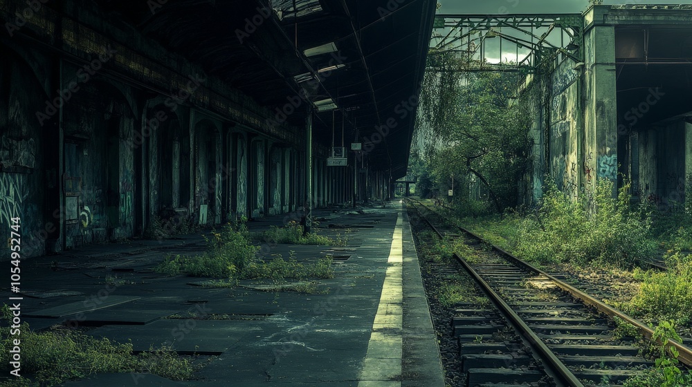 An eerie, abandoned train station, with the tracks overgrown and the ...