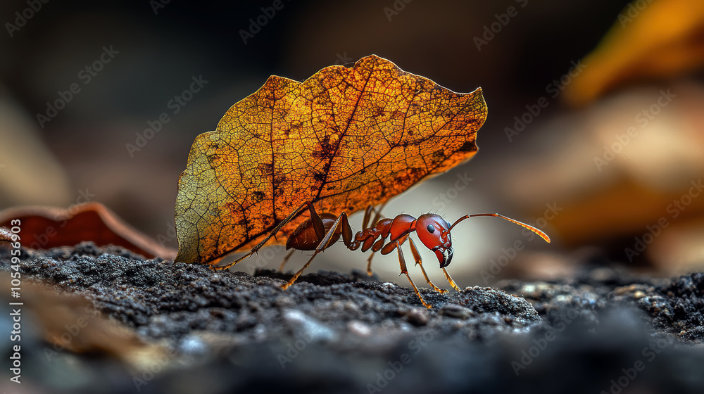 A close-up view of an industrious ant carrying a vibrant leaf ...