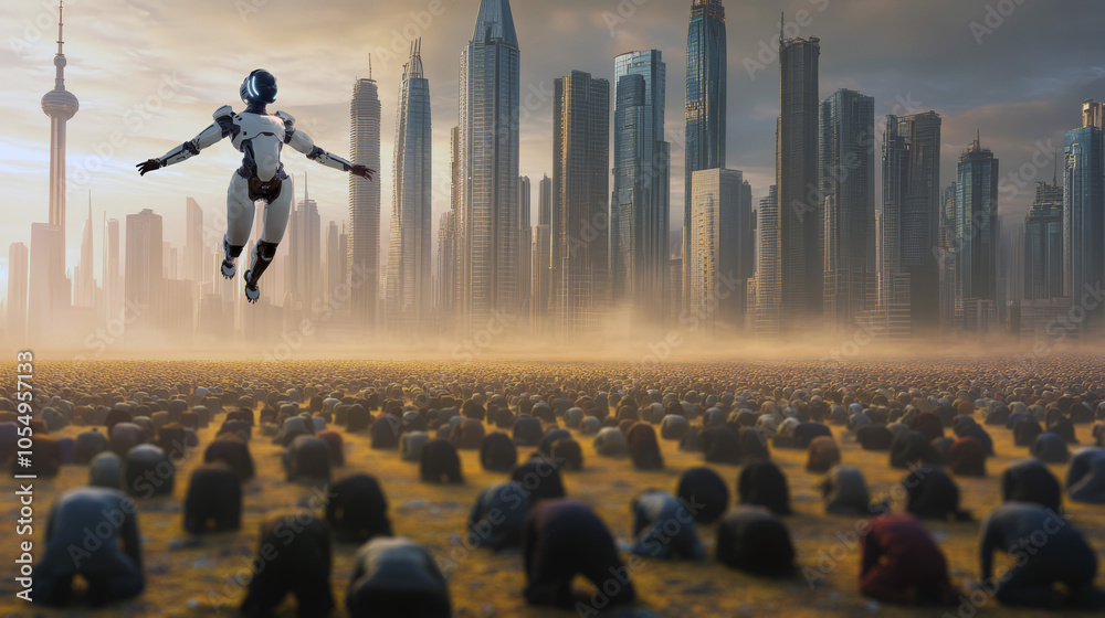 AI govern human, technocracy, concept. Robots rule the world. A robot ...