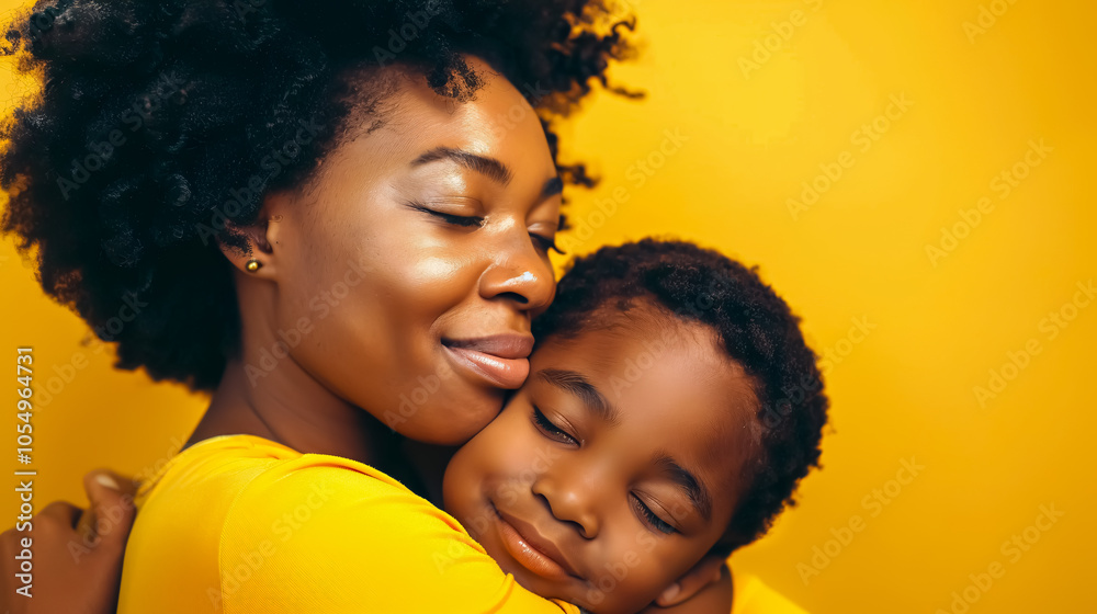 African American boy holding his mother s closed eyes, with a yellow ...