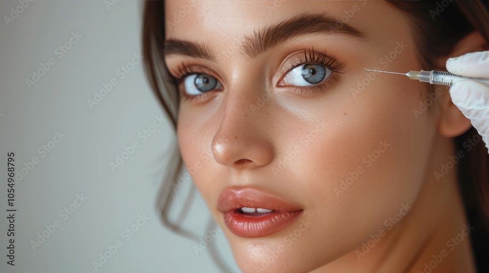 A profile view of a woman receiving a Botox injection in her cheek or ...