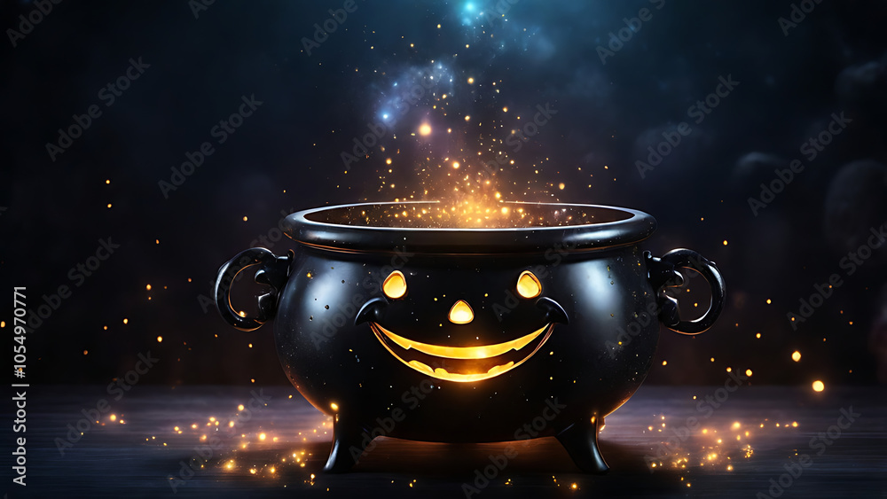A tiny witch’s cauldron with smiling face, bubbling with stars and ...