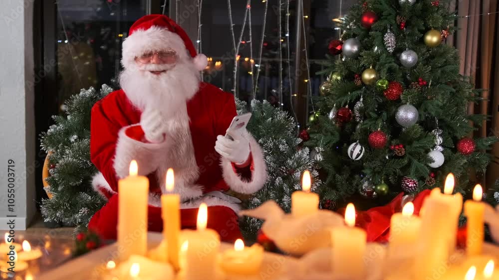 Santa happily chatting on video call holding phone in hand laughing ...