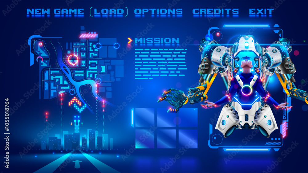 Character Cyborg in an abstract computer video game in menu frame ...