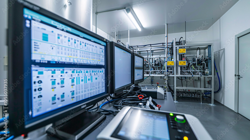 A modern industrial control room featuring multiple screens and control panels used for ...