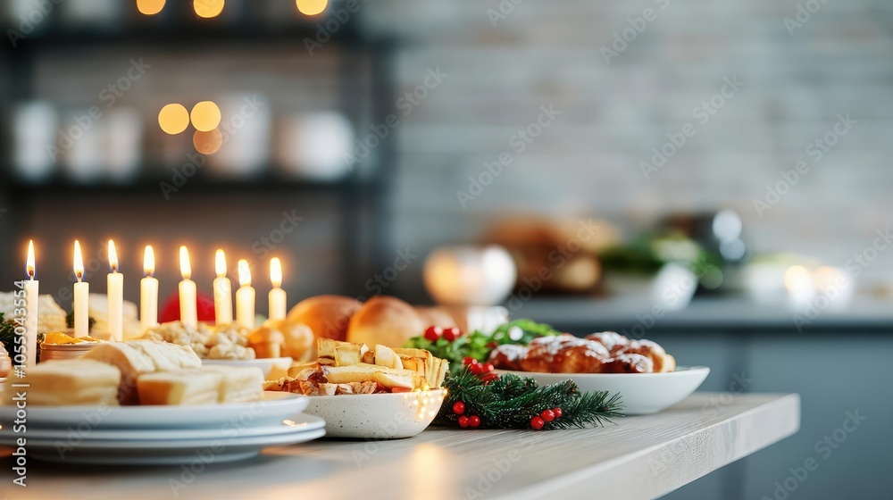 Table set for a Hanukkah and Christmas feast, glowing candles and ...
