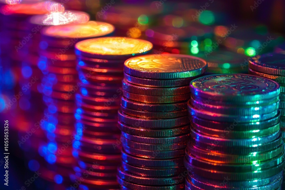 Financial Vibrance: Stacks of coins with colorful lighting, giving a ...