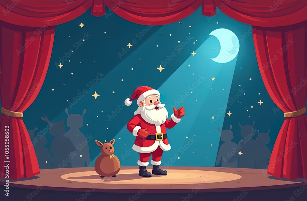 Cartoon Santa Claus stands on stage under a spotlight, next to a small ...