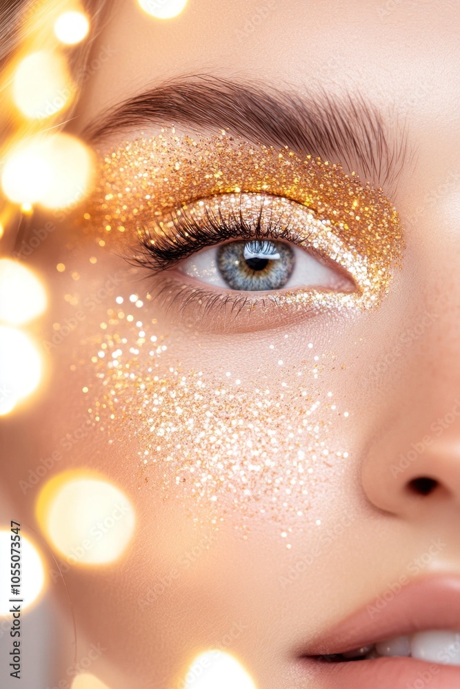 Sparkling eye with gold glitter eyeshadow surrounded by glowing bokeh ...