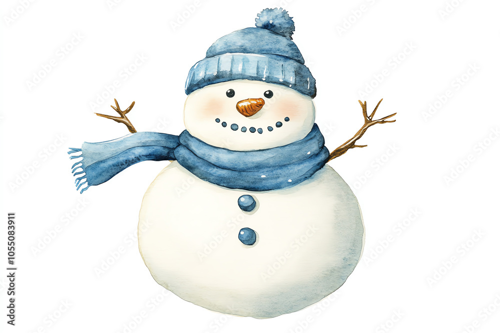 Watercolor illustration of a cheerful snowman wearing a blue scarf and ...