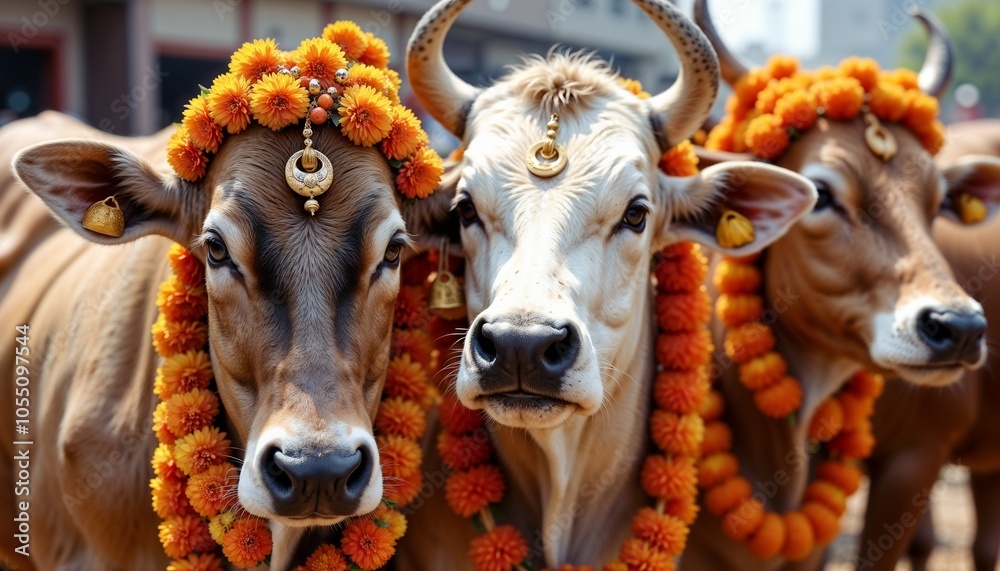 Cows adorned with garlands and bells for Mattu Pongal celebration ...