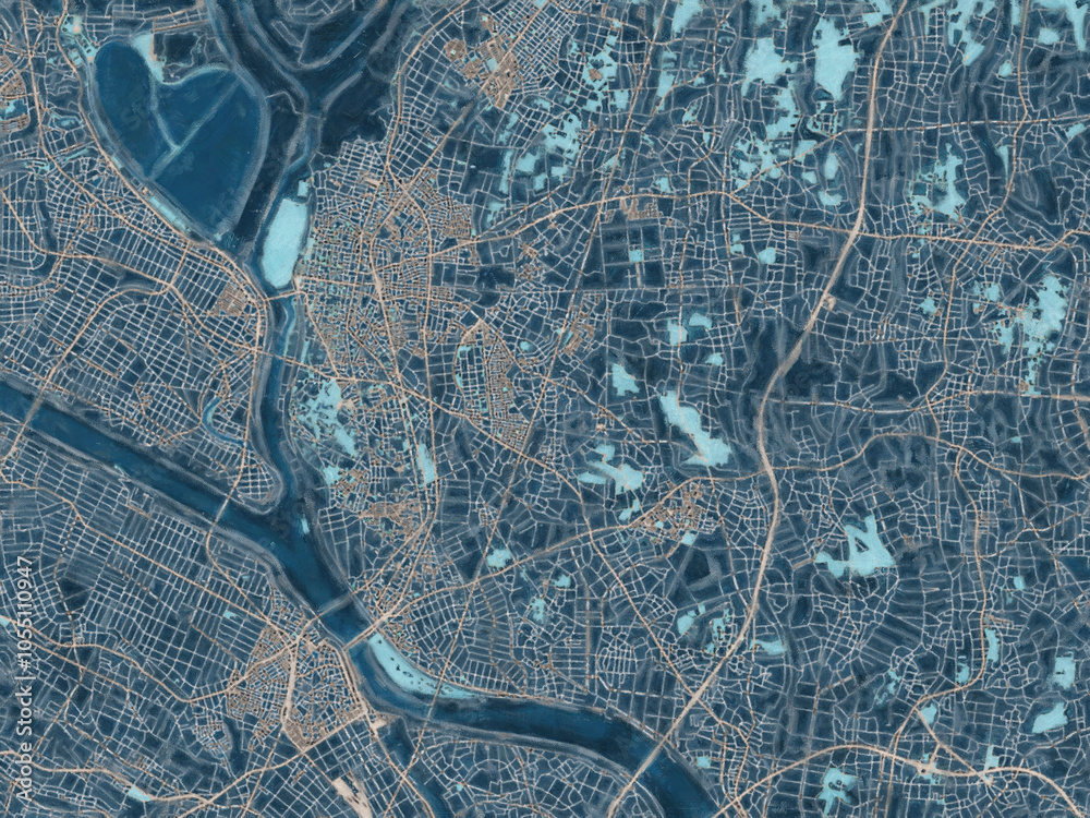 Painterly Style City Map of Koga, Japan in a Blue Color Scheme. Stock ...