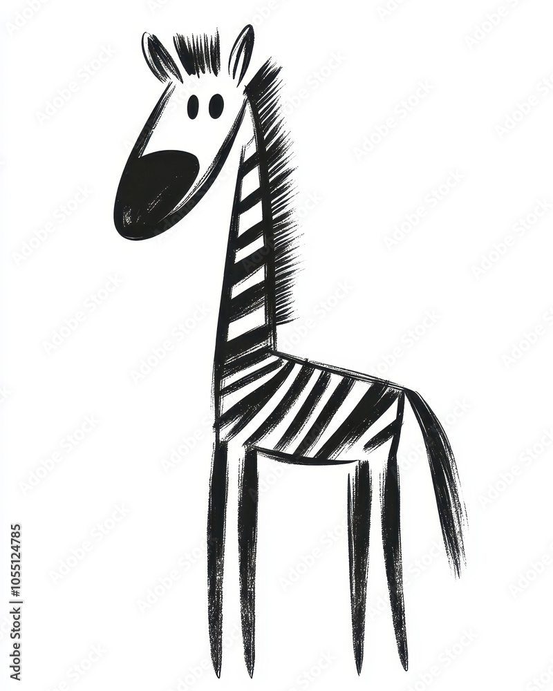 Minimalistic black ink drawing of a cute zebra stick figure exhibiting ...