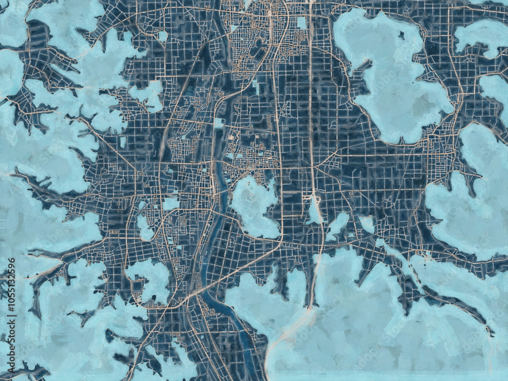 Painterly Style City Map of Takefu, Japan in a Blue Color Scheme ...