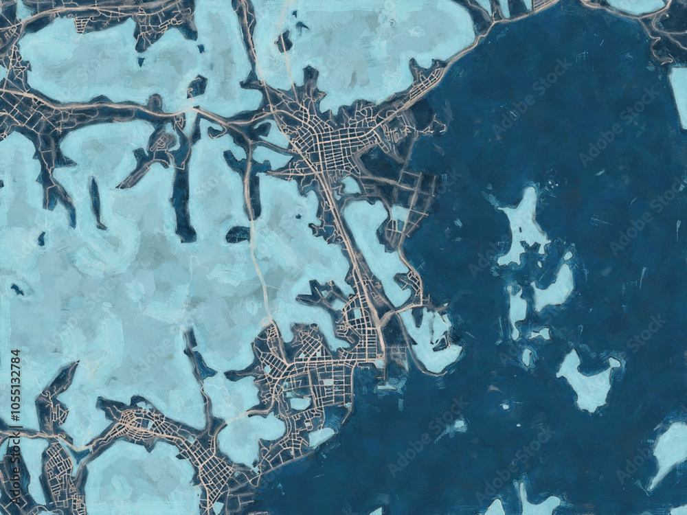 Painterly Style City Map of Tamano, Japan in a Blue Color Scheme ...
