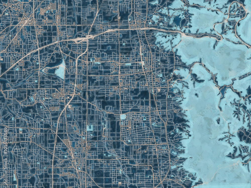 Painterly Style City Map of Tenri, Japan in a Blue Color Scheme ...