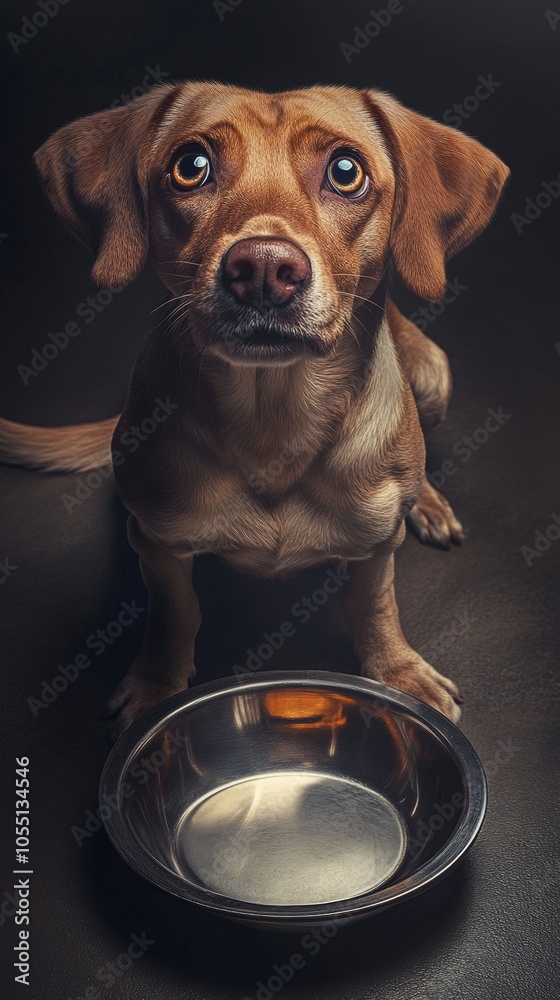 Adorable brown dog looking up with pleading eyes sitting in front of an ...