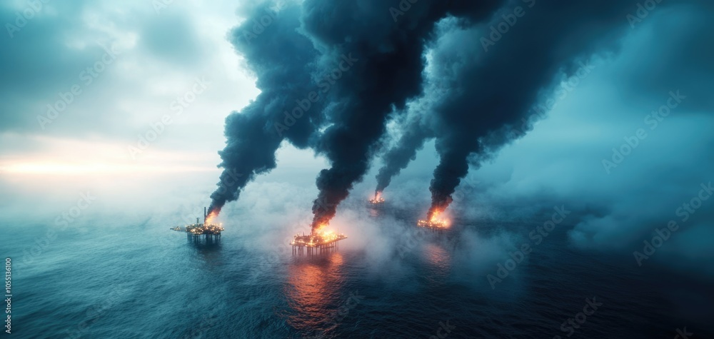 Offshore drilling platforms emitting visible carbon into the atmosphere ...